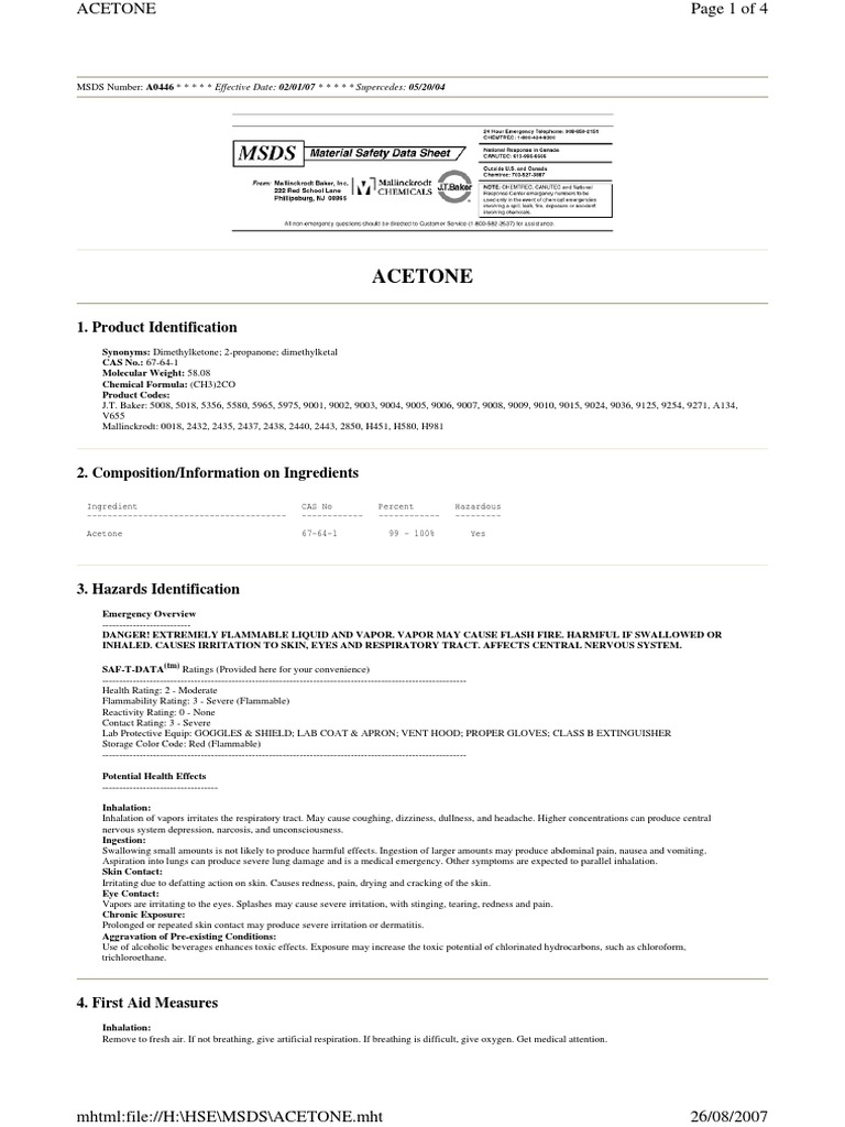 Acetone: 1. Product Identification | PDF | Breathing | Fires