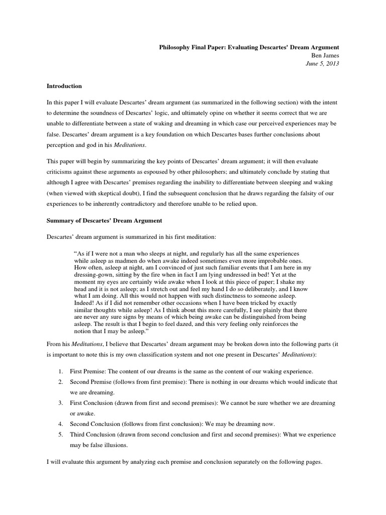 Philosophy Essay: Evaluating Descartes' Dream Argument | PDF | Dream ...