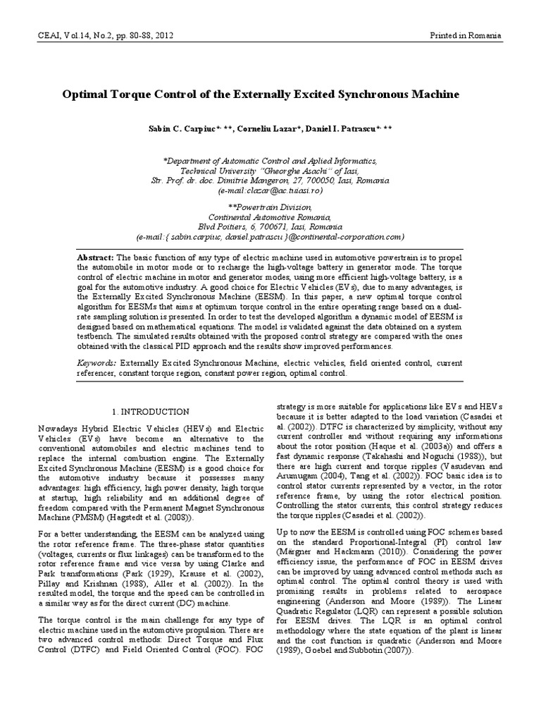 Optimal Torque Control of The Externally Excited Synchronous Machine ...