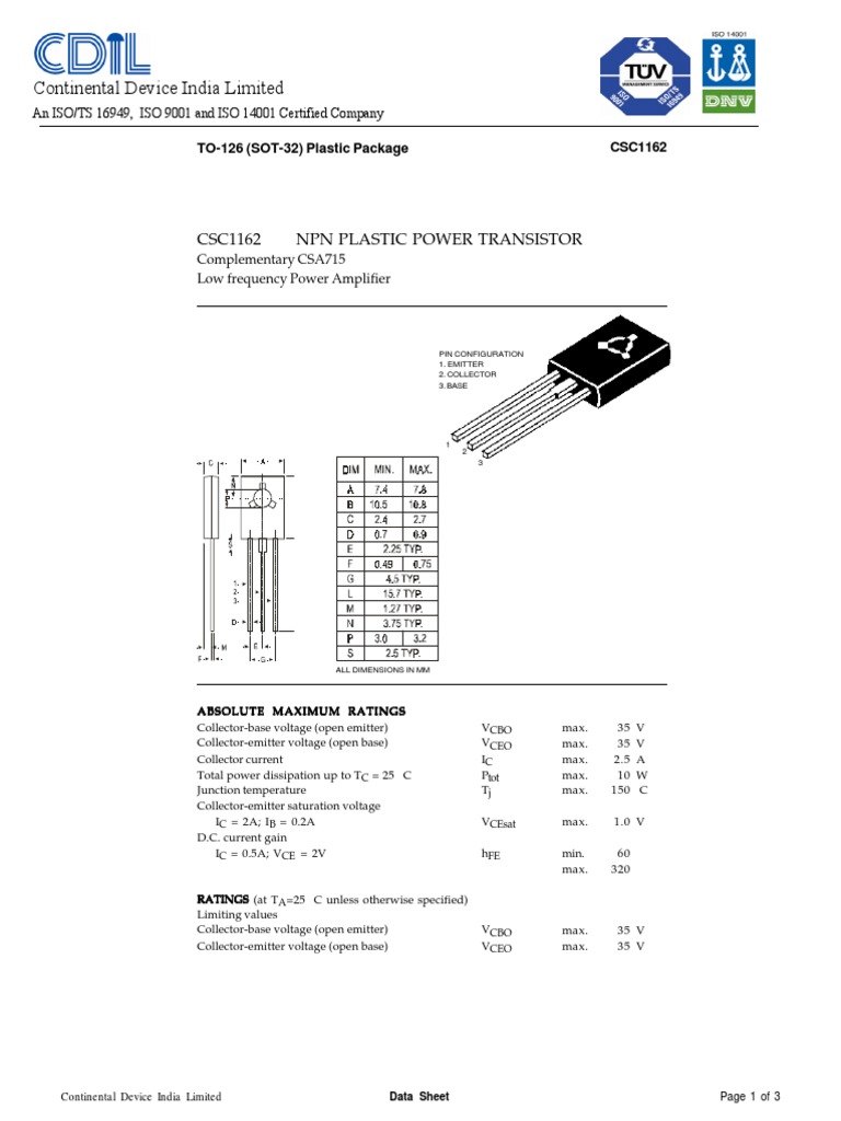 CSC1162D Datasheet Transistor | PDF | Transistor | Bipolar Junction ...