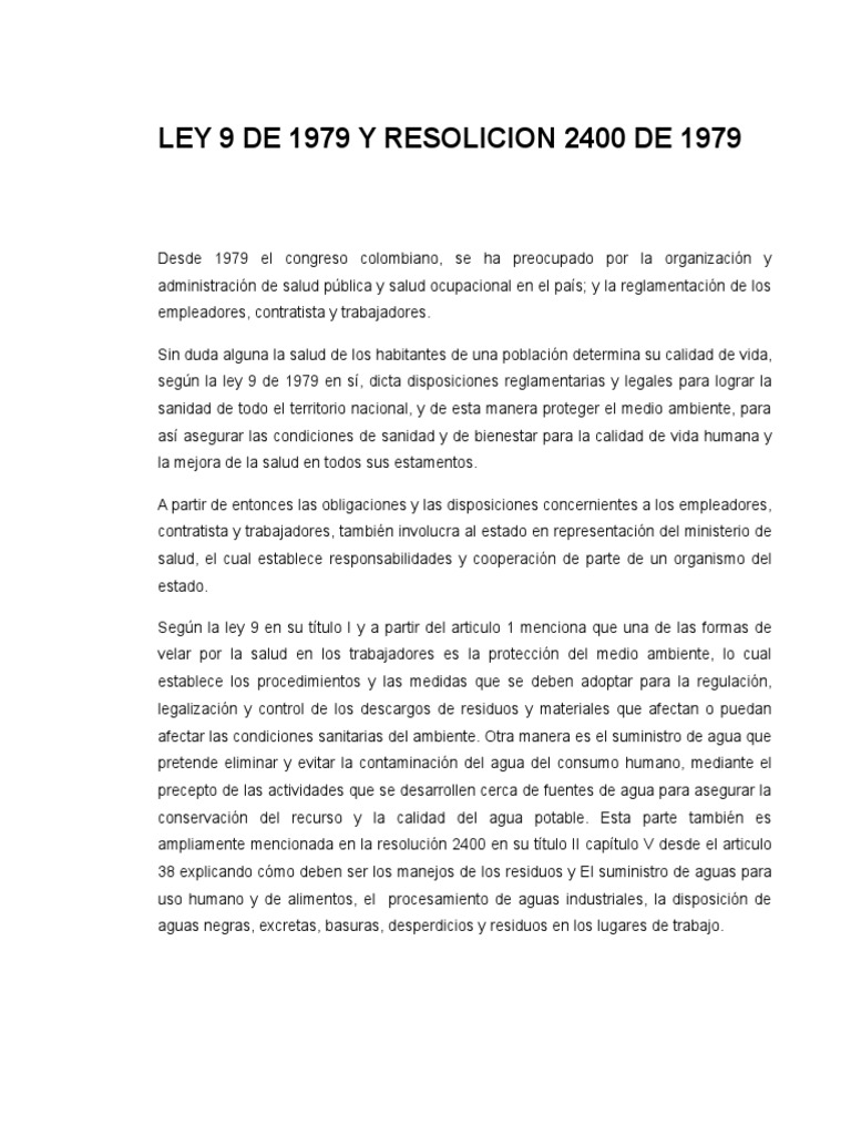 Ley 9 de 1979 y Resolicion 2400 de 1979 | PDF | Agua | Residuos