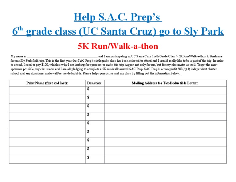 Pledge Form - Walkathon 6th - Print | PDF