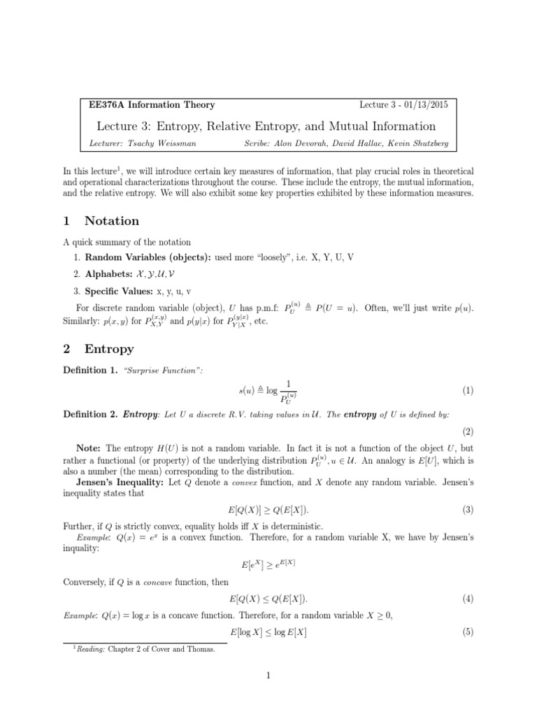 Lecture 3: Entropy, Relative Entropy, and Mutual Information | PDF | Statistical Theory ...