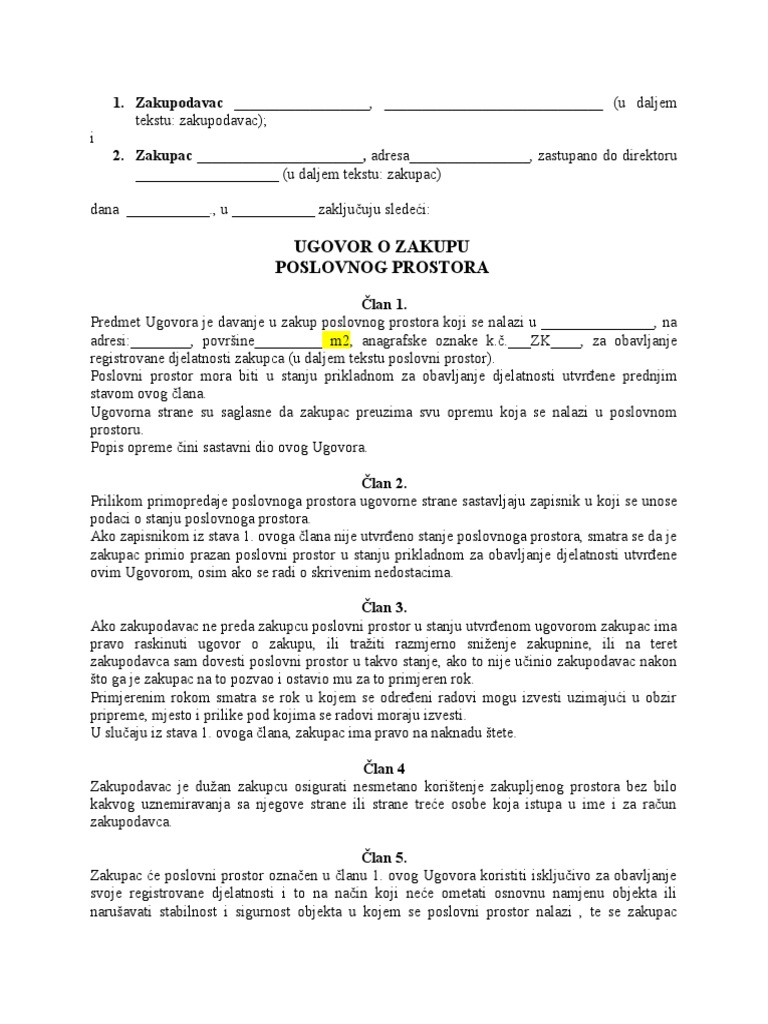 Ugovor o Zakupu Poslovnog Prostora | PDF