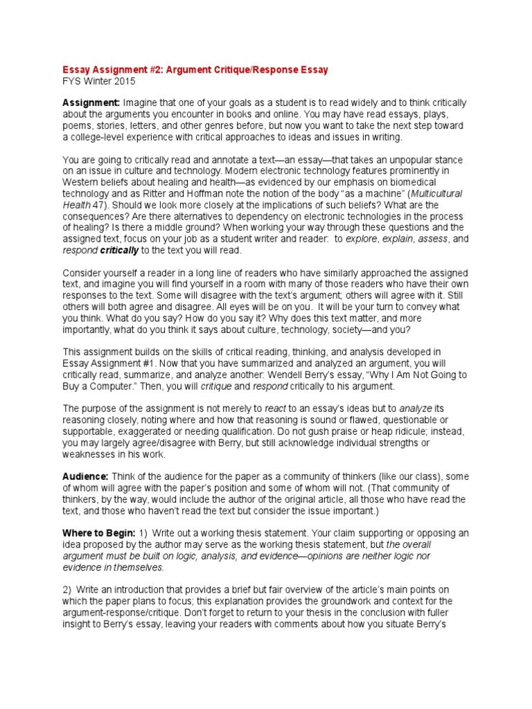 Essay Assignment #2 Argument-Response and Critique Essay Assignment ...