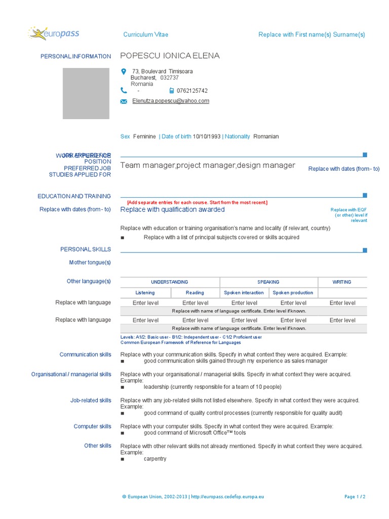 Popescu Ionica Elena: Curriculum Vitae Replace With First Name(s) Surname(s) | PDF ...