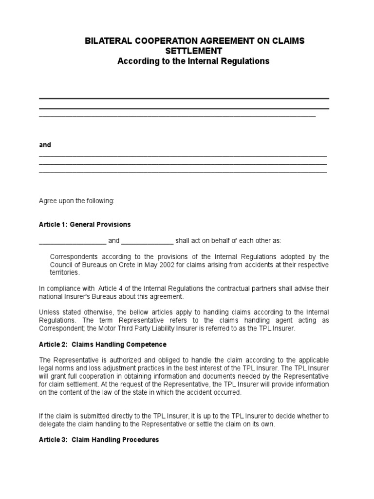 Bilateral Cooperation Agreement On Claims Settlement According To The ...