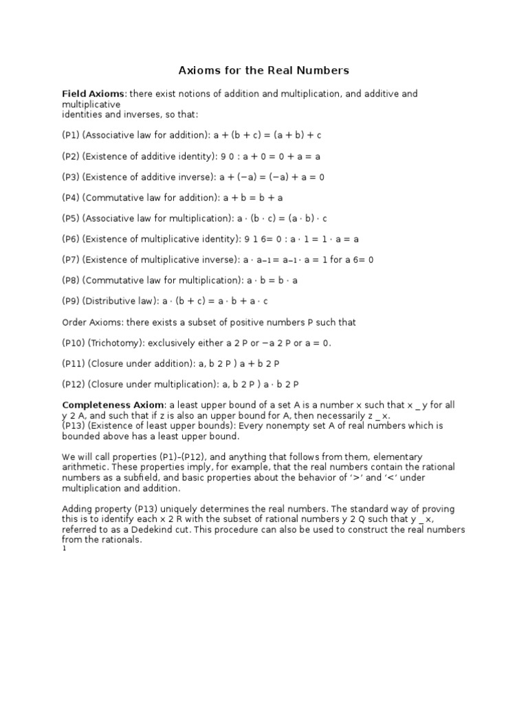 Axioms For The Real Numbers Math 200 | PDF | Multiplication | Division ...