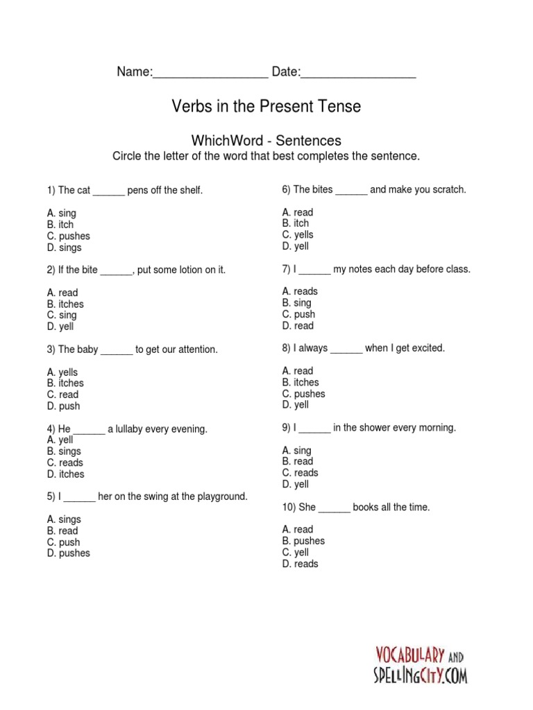 K 2 Verbs in Present Tense WhichWord | PDF