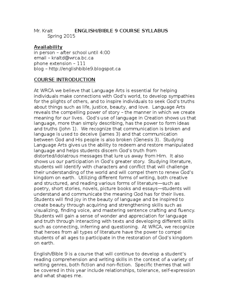 English/Bible 9 Syllabus Spring 2015 | PDF | Test (Assessment) | Bible
