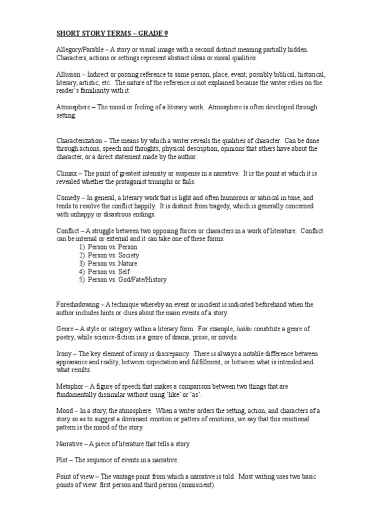 Short Story Terms - Grade 9 | PDF | Narration | Irony