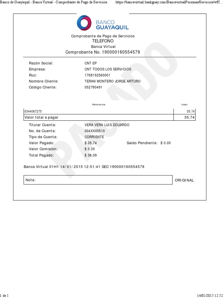 Banco de Guayaquil - Banca Virtual - Comprobante de Pago de Servicios | PDF