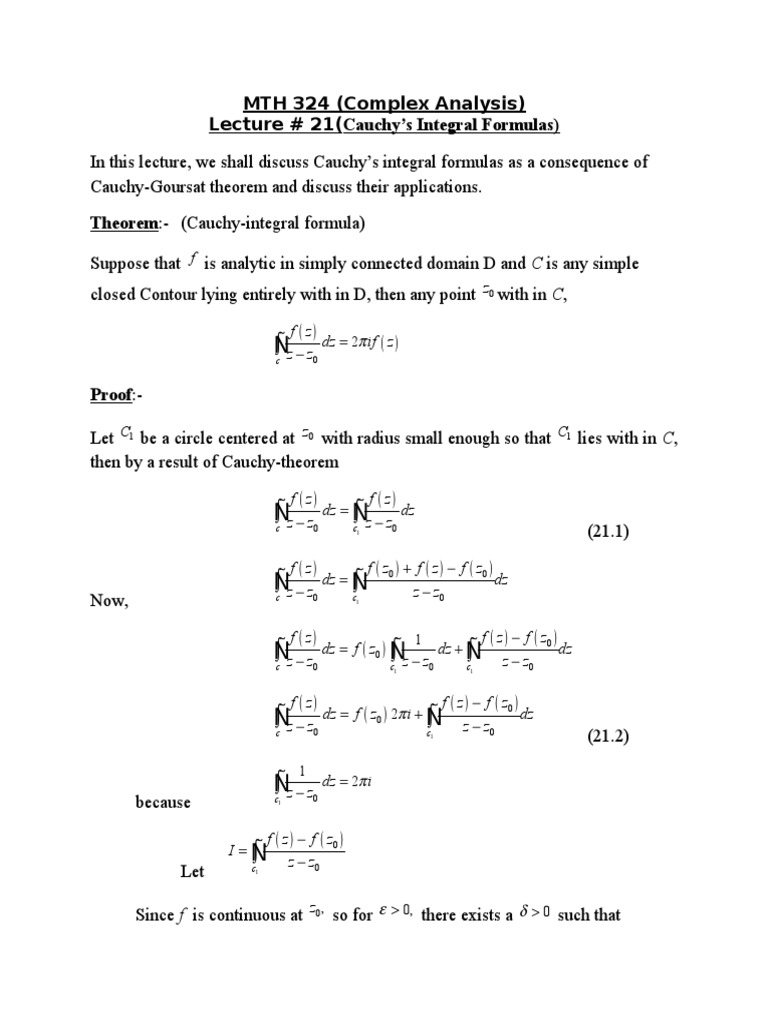MTH 324 (Complex Analysis) Lecture # 21 (Cauchy's Integral Formulas) | PDF | Complex Analysis ...