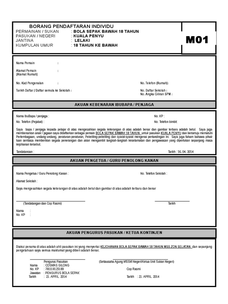 Borang M01 - Pendaftaran Individu | PDF
