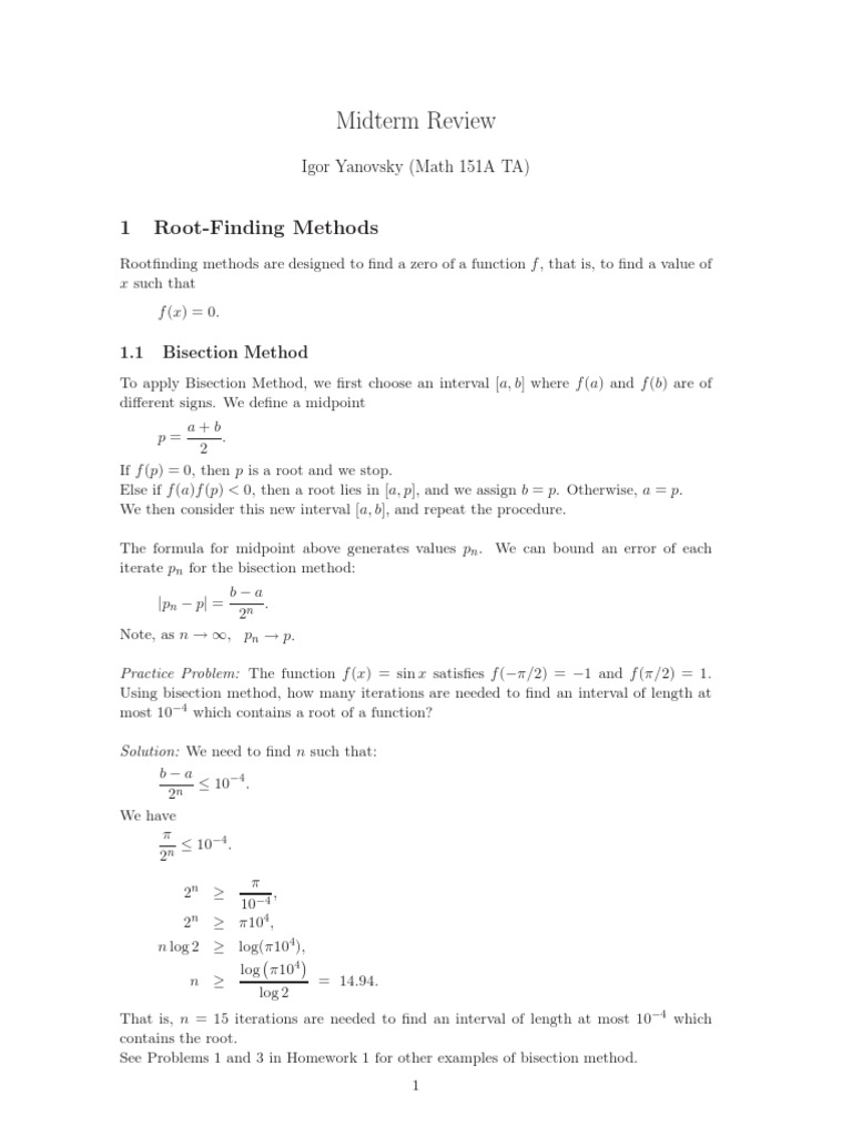 Midterm Review: 1 Root-Finding Methods | PDF | Algorithms | Numerical ...