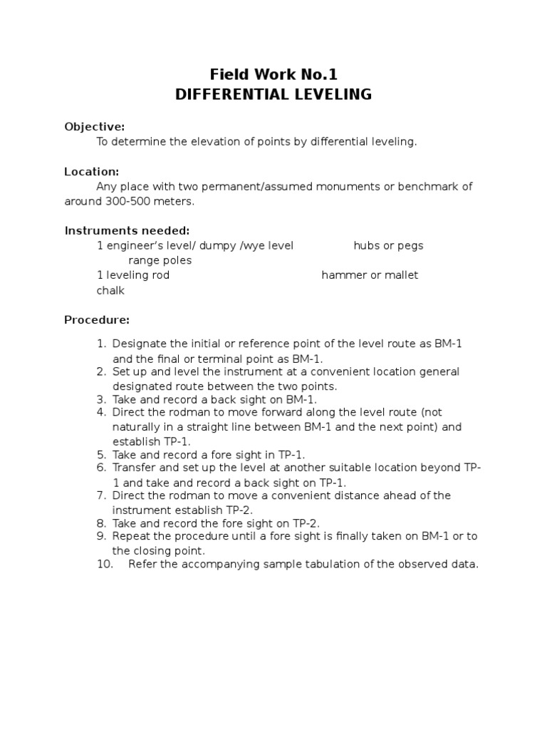 Field Work No.1 Differential Leveling: Objective | Download Free PDF ...