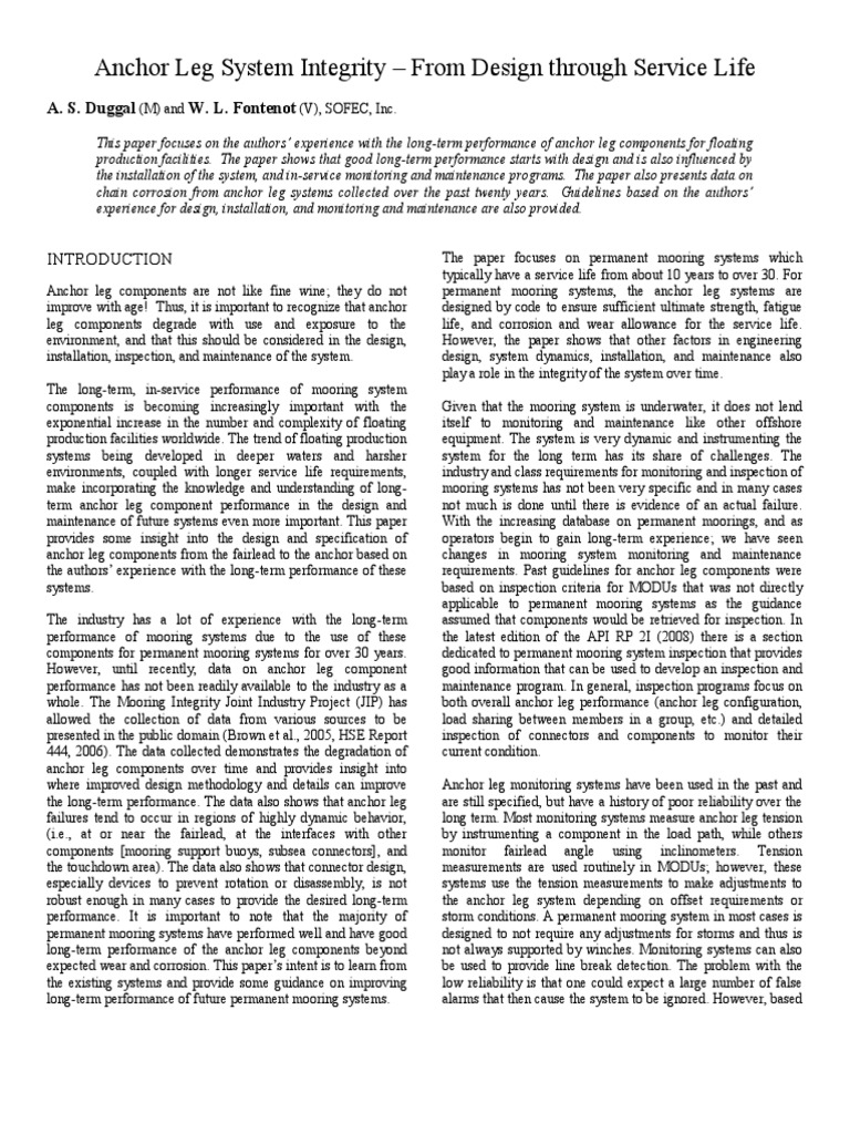 2010 OTC 21012 Anchor Leg System Integrity - From Design Through ...