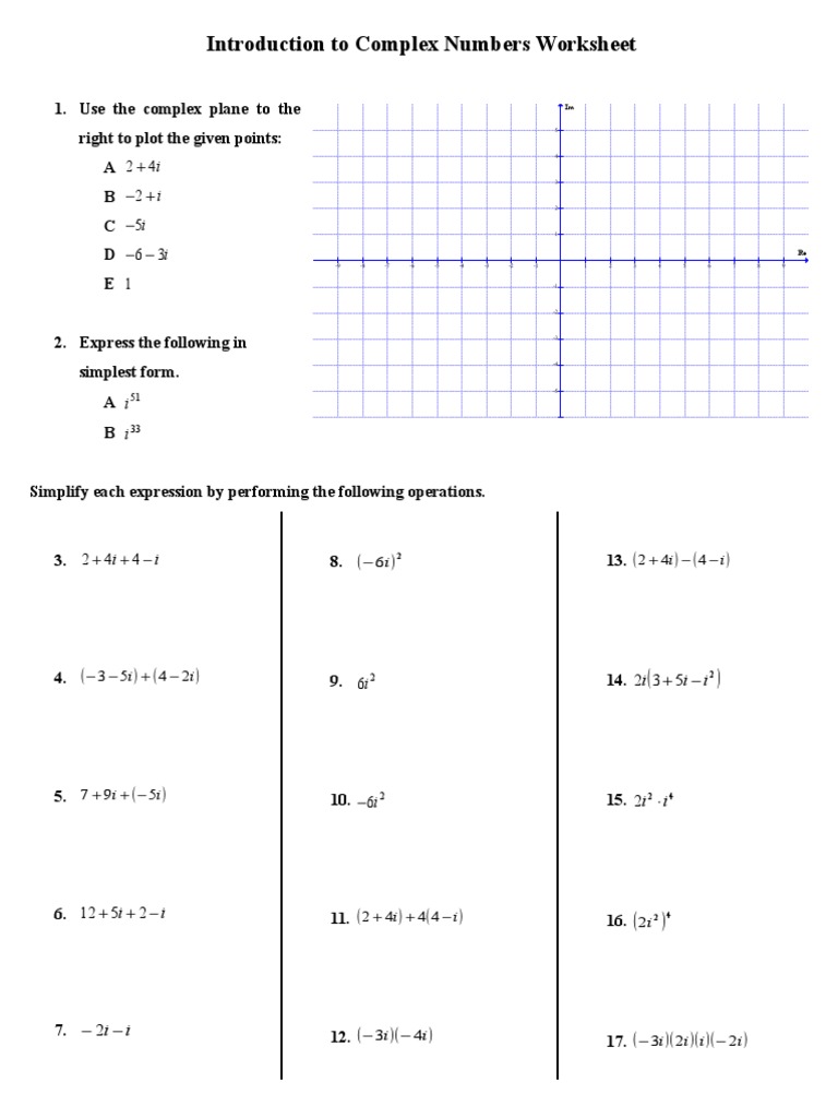 Complex Numbers Worksheet | PDF