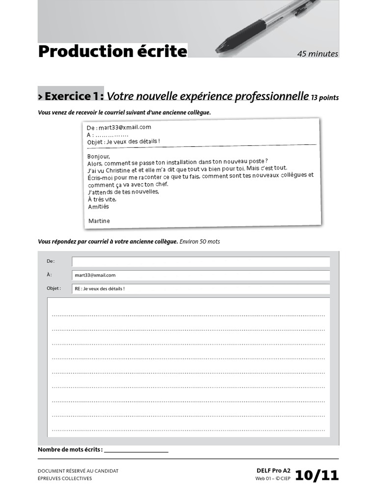 Delf Pro A2 Production Ecrite Exercice 1 | PDF