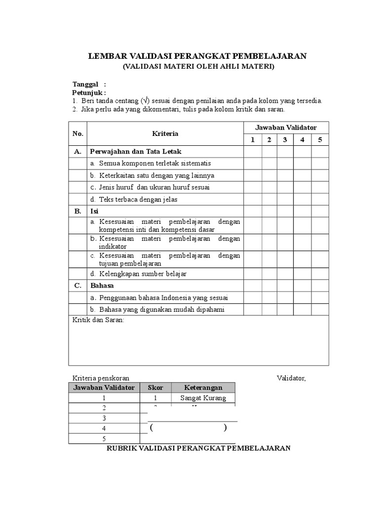 Lembar Validasi Materi (Ahli Matreri Dosen Dan Guru) | PDF