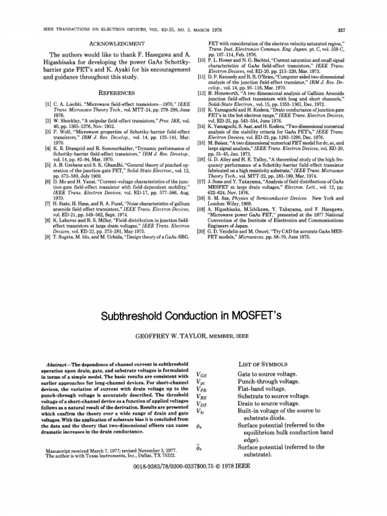 Subthreshold Conduction in Mosfet'S: Acknowledgment A. K | PDF | Field ...