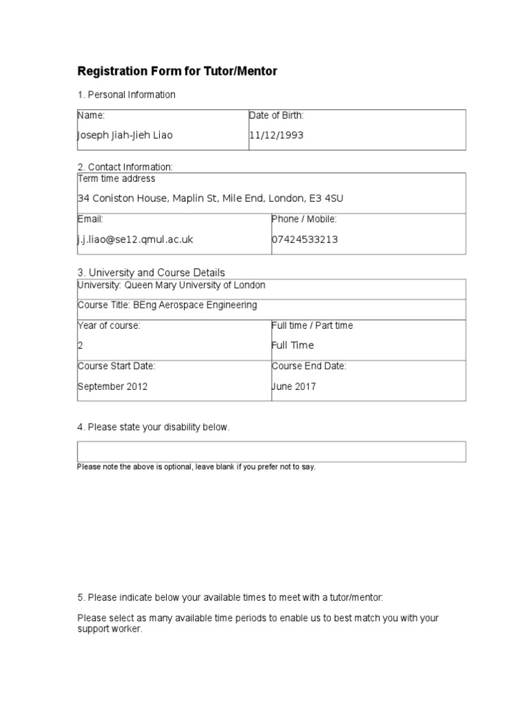 Tutor/Mentor Registration Form | PDF | Career & Growth | Social Science