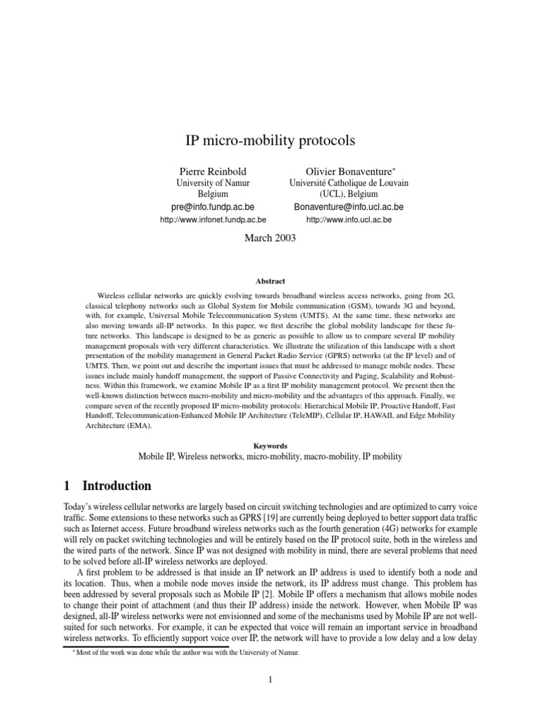 IP Micro-Mobility Protocols: Pierre Reinbold Olivier Bonaventure | PDF ...