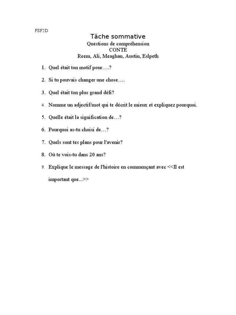 Questions de Compréhension FSF2D | PDF