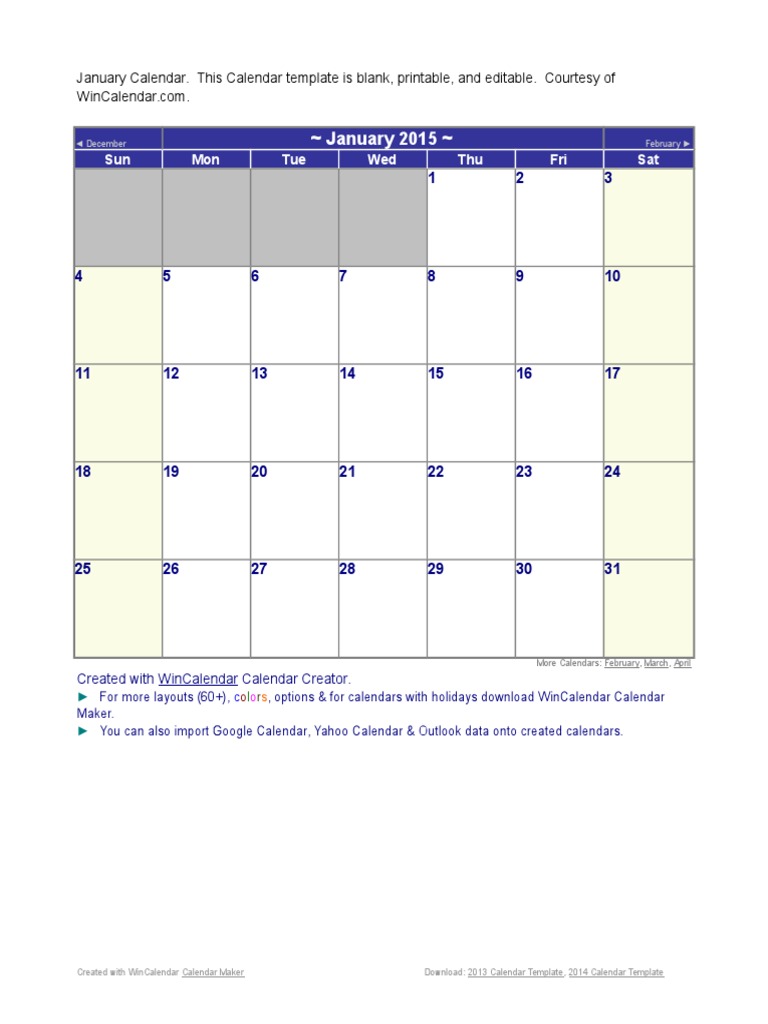 Blank January 2015 Calendar Template Provided Courtesy of WinCalendar ...
