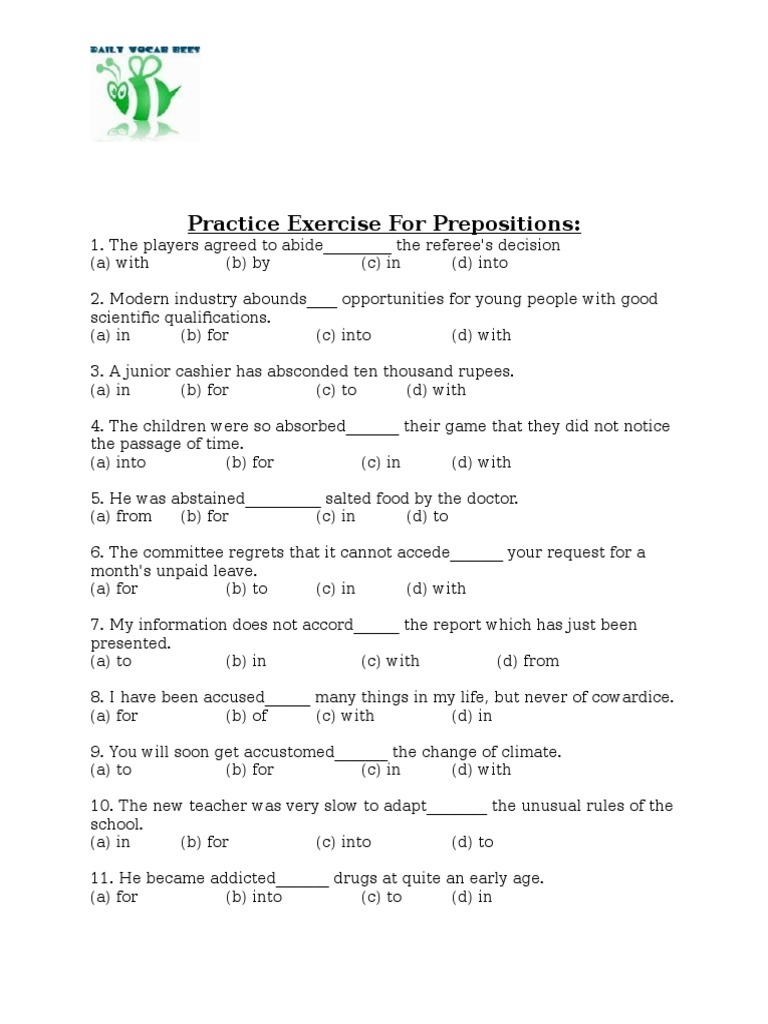 Exercise For Prepositions | PDF