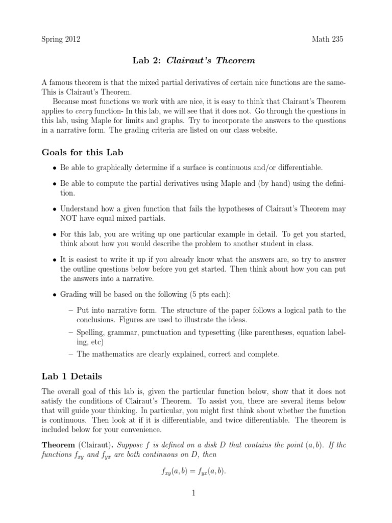 Lab 2: Clairaut's Theorem: Xy Yx | PDF | Theorem | Derivative