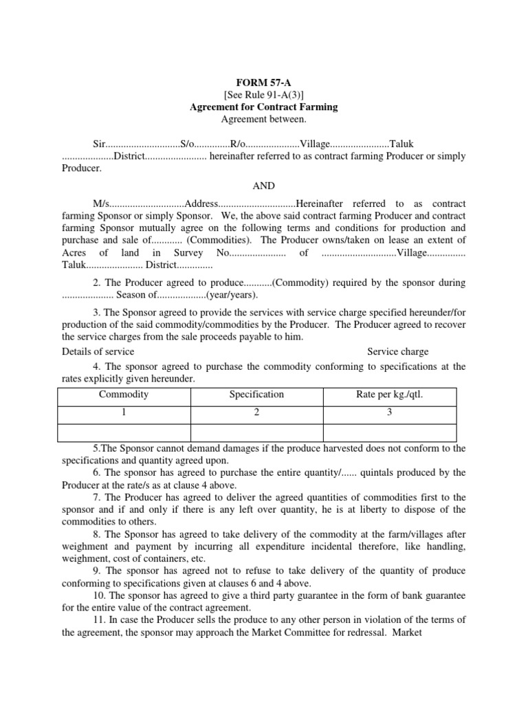 FORM 57-A Agreement For Contract Farming | Download Free PDF ...