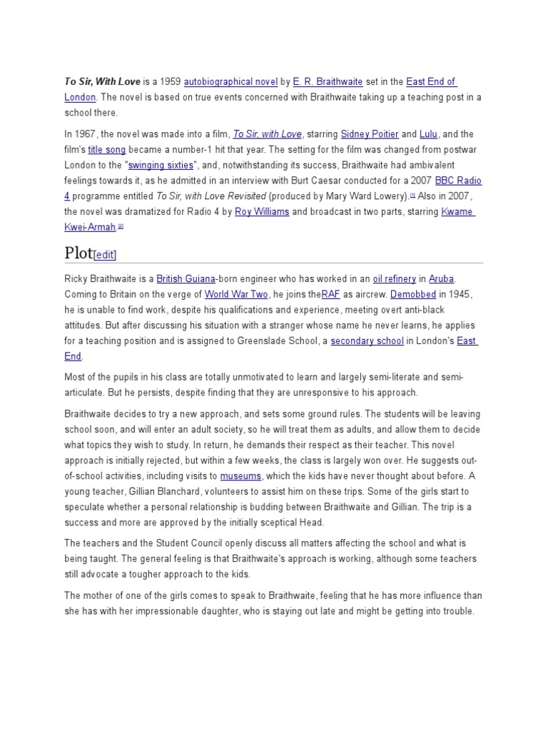 To Sir, With Love Is A 1959: Autobiographical Novel E. R. Braithwaite ...