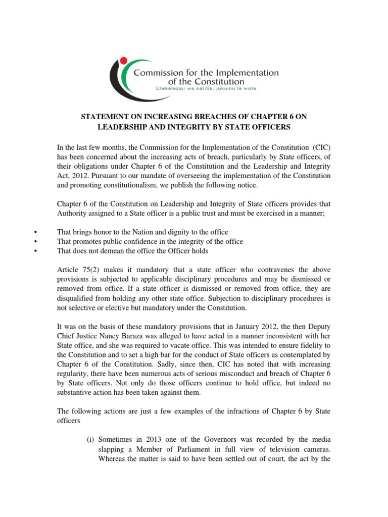 Acts of Misconduct by State Officers A Breach of Chapter 6 On ...
