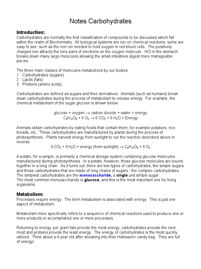 Notes Carbohydrates | Carbohydrates | Glucose