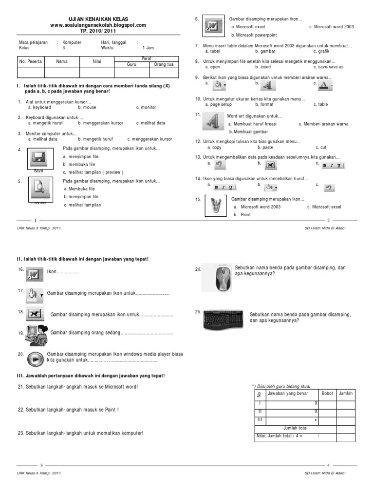 Soal Ulangan TIK SD Kelas 3 PDF | PDF