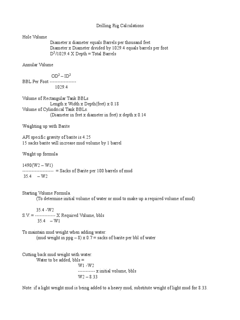 Drilling Rig Calculation Formulas | PDF | Shear Stress | Barrel (Unit)