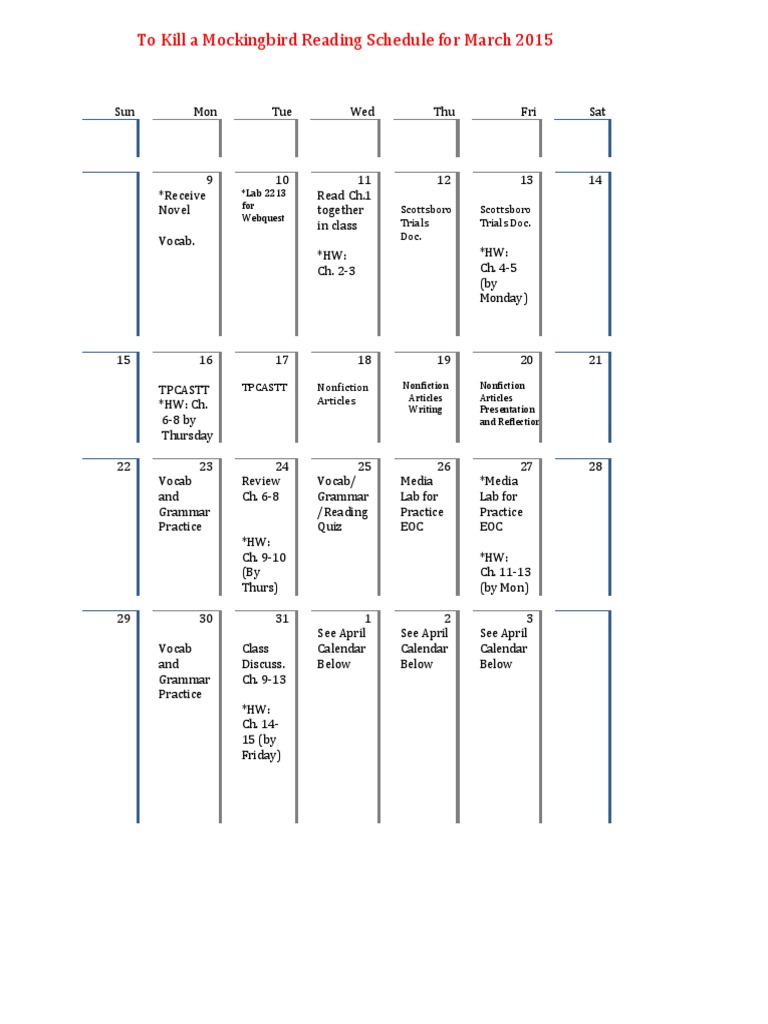 To Kill A Mockingbird Reading Schedule | PDF