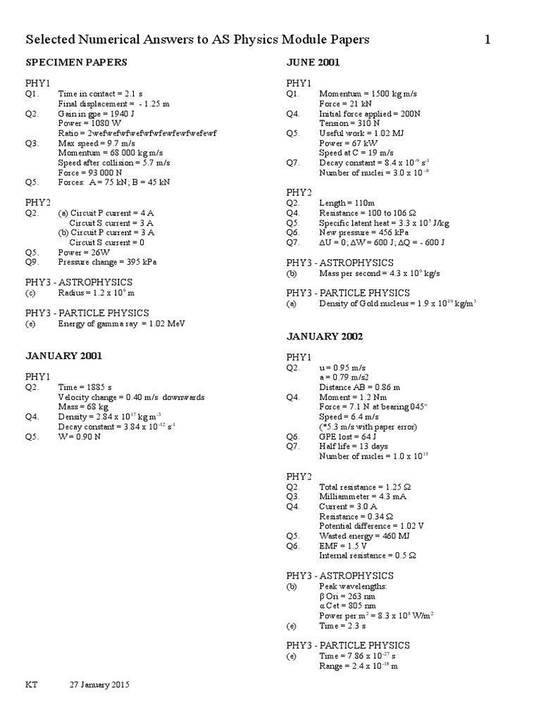 AS Physics Numerical Answers Summary | PDF