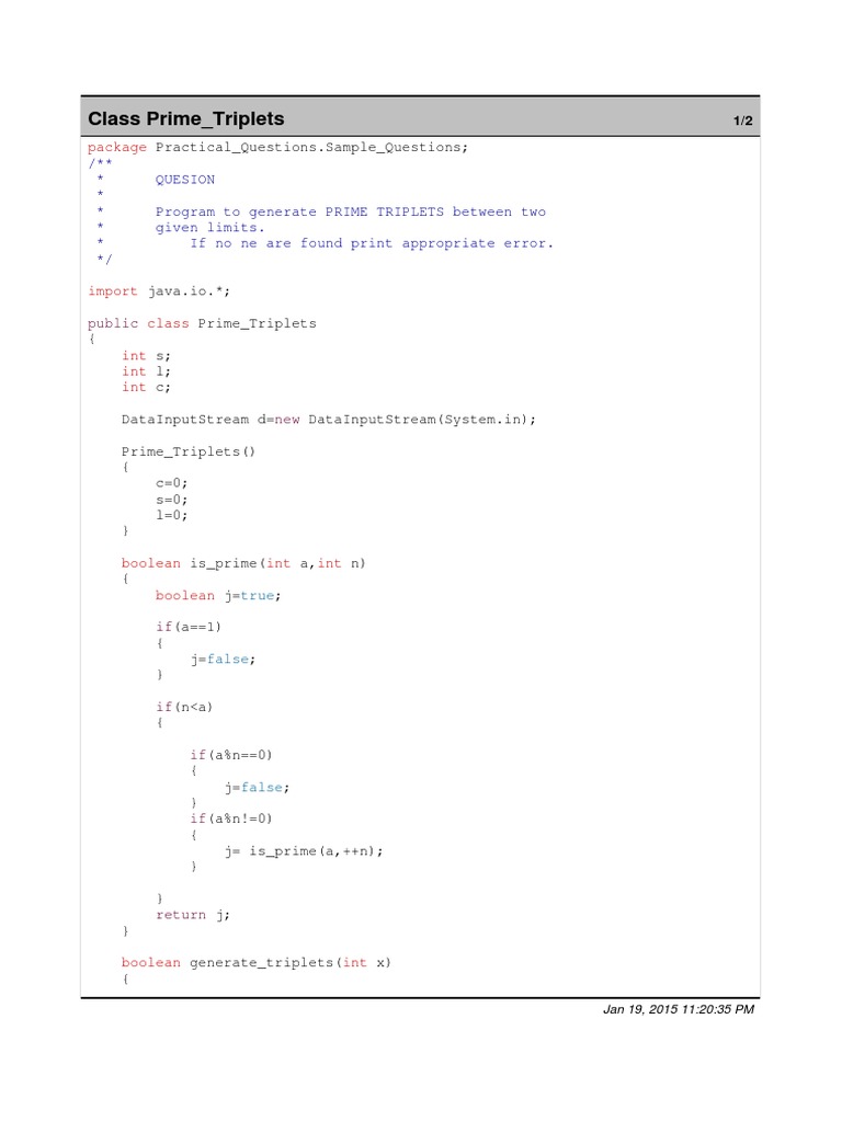 Prime Triplets (JAVA PROGRAM PDF) | PDF | Mathematical Objects | Mathematical Concepts