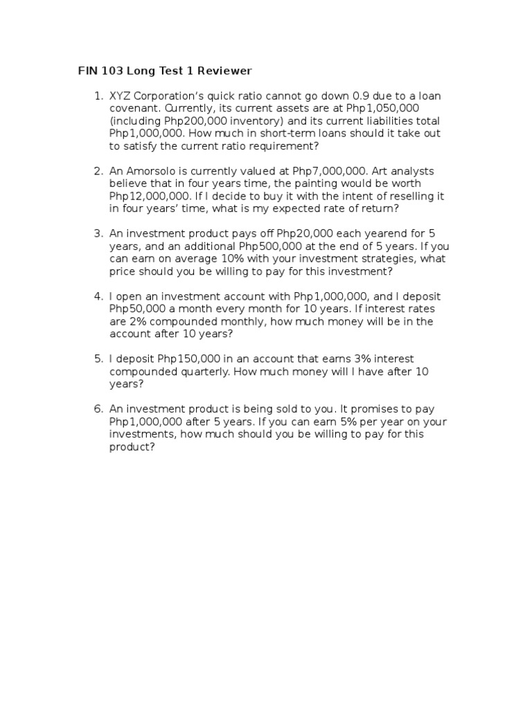FIN 103 Long Test 1 Reviewer | PDF | Finance & Money Management | Law