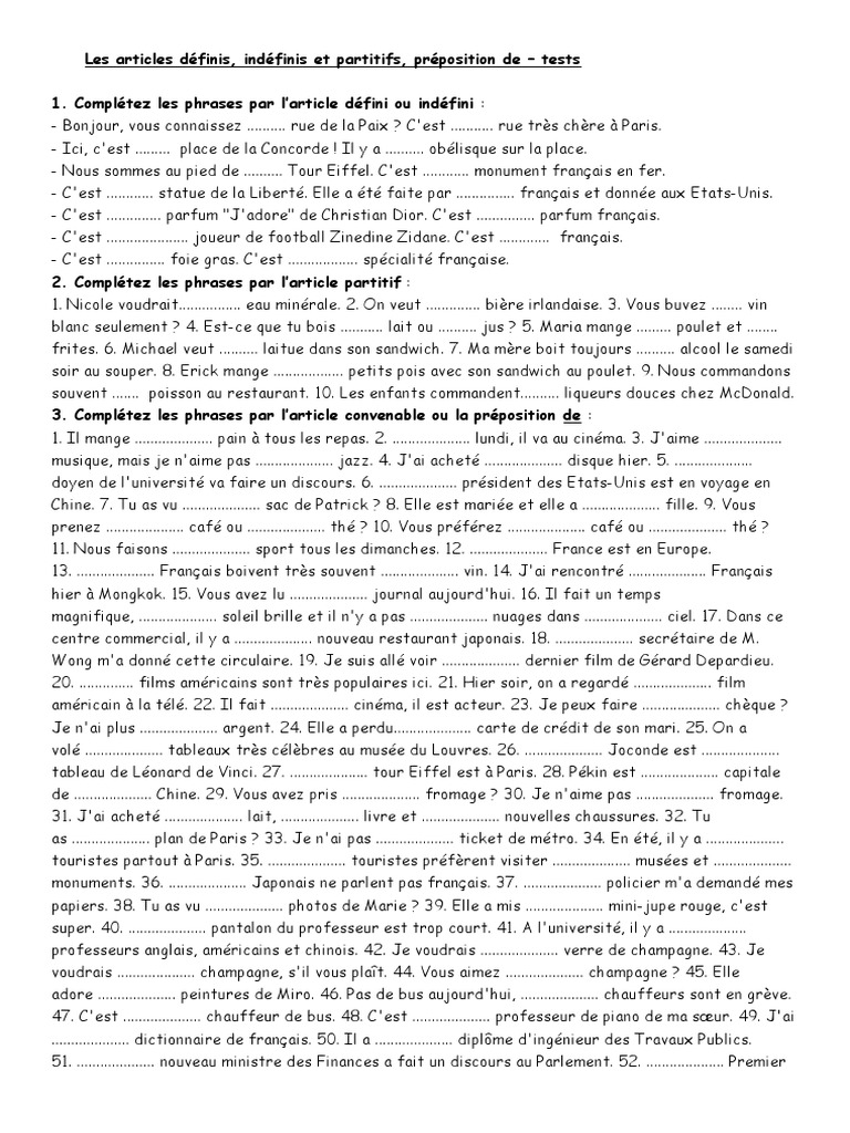 Les Articles Définis, Indéfinis, Partitifs, de | PDF | Paris ...