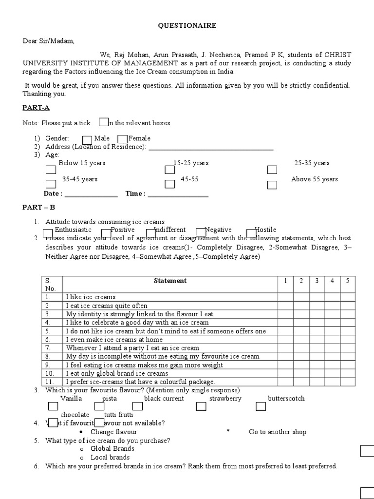 MR Questionnaire | PDF | Ice Cream | Retail