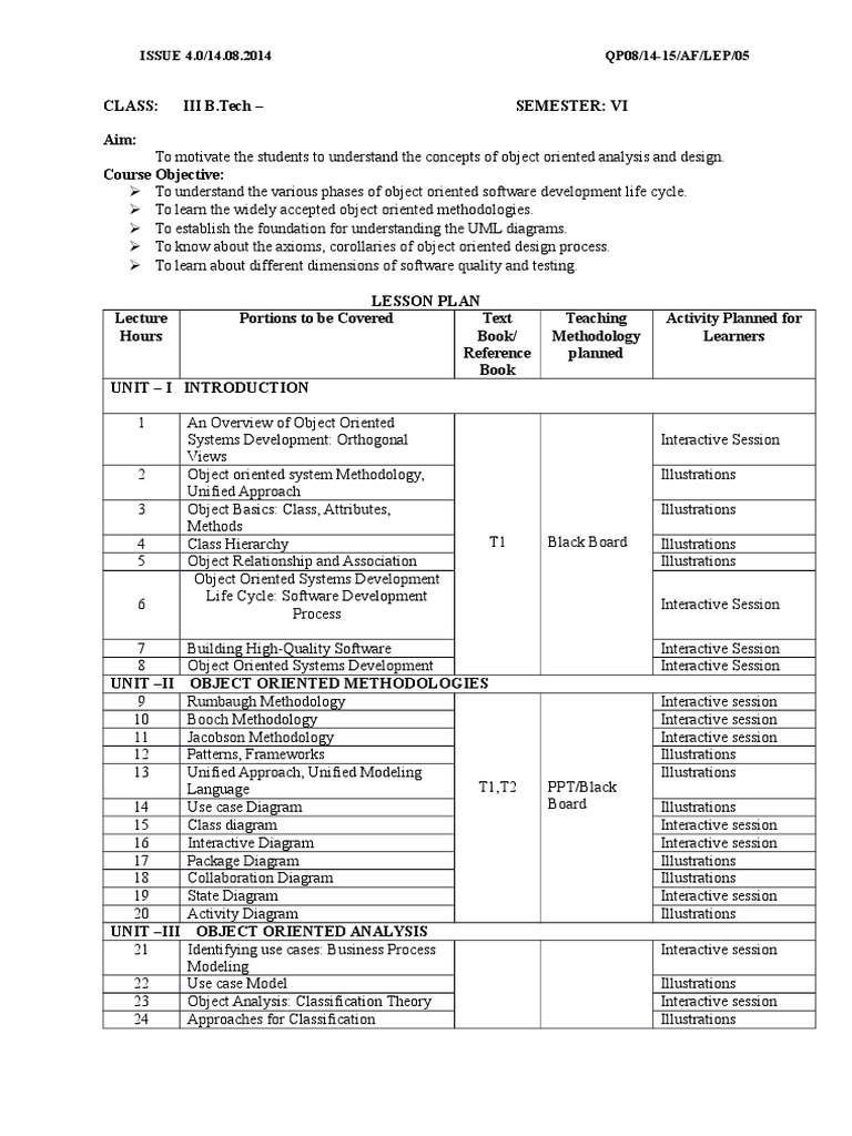 OOAD Lesson Plan Edited | PDF | Unified Modeling Language | Object ...