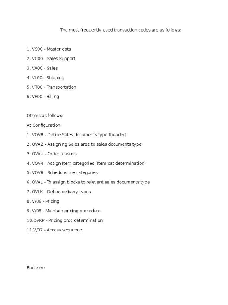 Transaction Codes - SAP SD | PDF