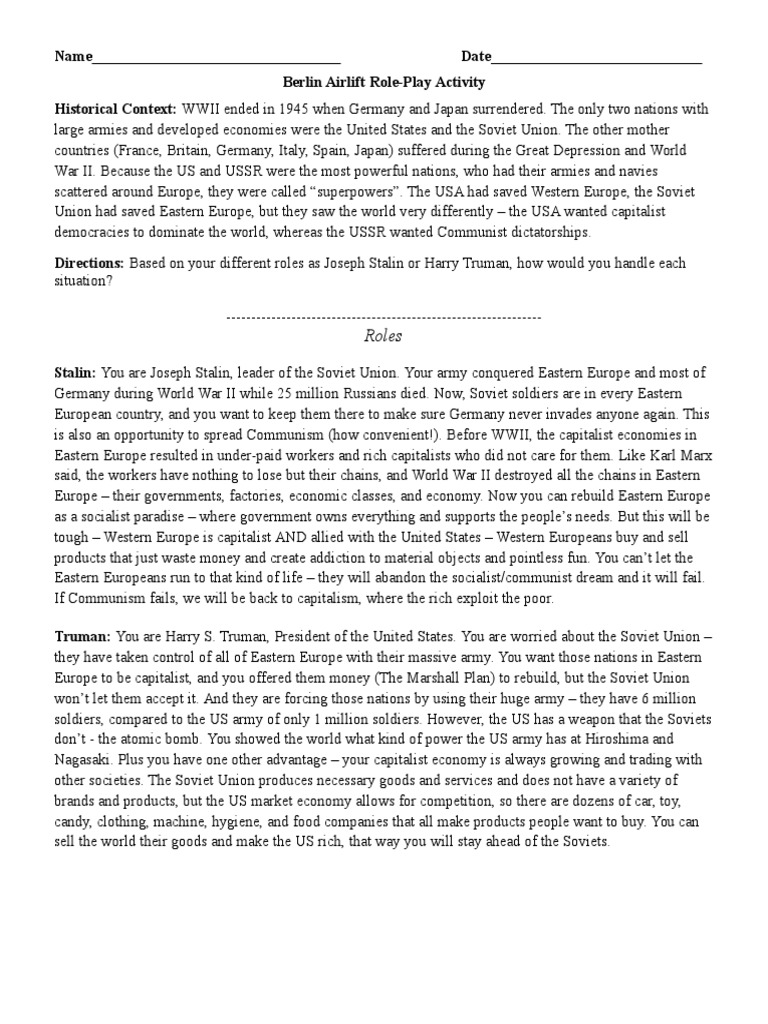Berlin Airlift Role-Play Guide | PDF | World War II | Soviet Union