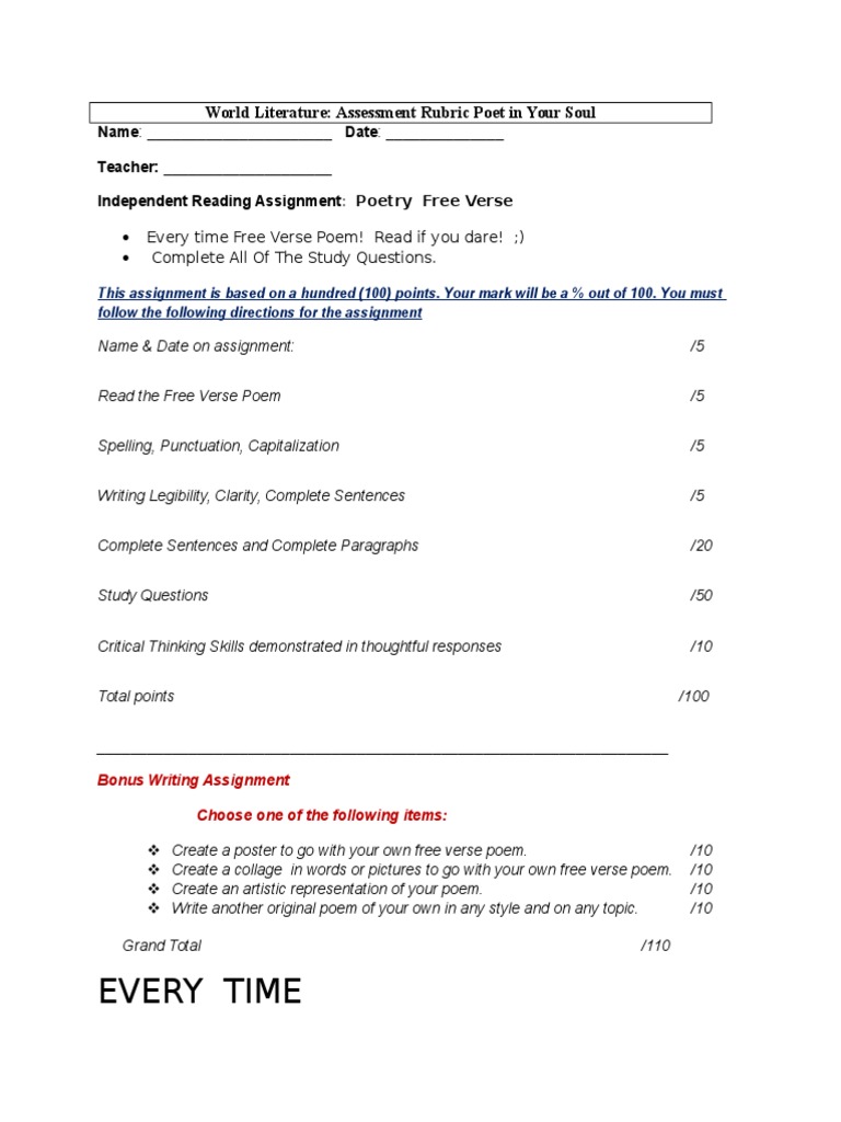 Poetry Free Verse Assignment Rubric | PDF | Language Arts & Discipline
