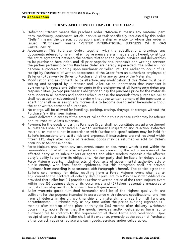 Terms and Conditions of Purchase - Typical Purchase Order | PDF ...