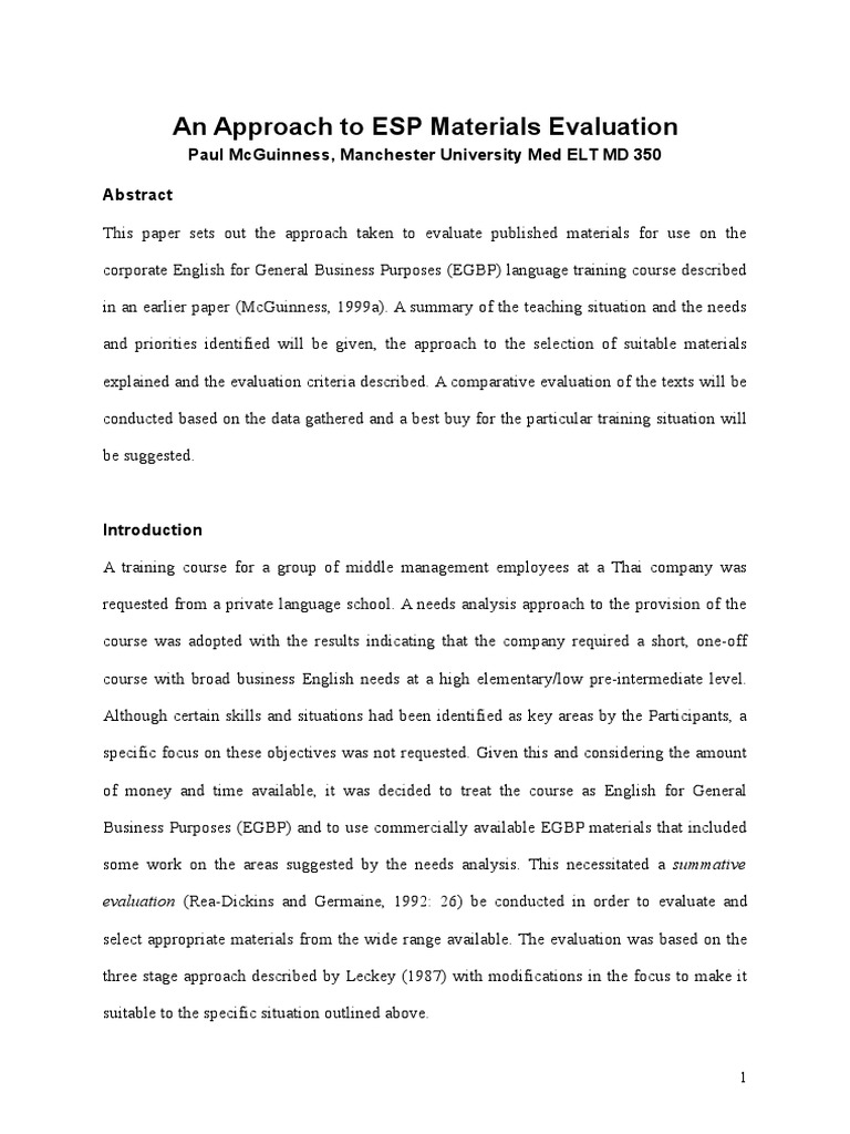 An Approach To Esp Materials Evaluation: Paul Mcguinness, Manchester University Med Elt MD 350 ...