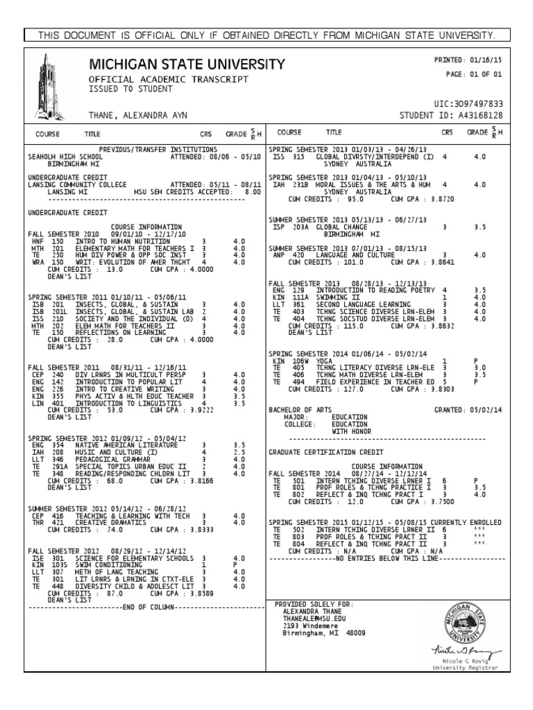 Msu Transcript | PDF | Michigan State University | Postgraduate Education
